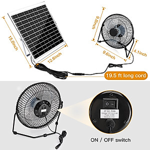 blessny 8" Solar Powered Fan, 20W Solar Panel Power Fans for Greenhouse or Chicken Coop Air Circulation Cooling, 2010 RMP High Velocity, 36dB Quiet Operation, 19.5ft Long Cord (Black)