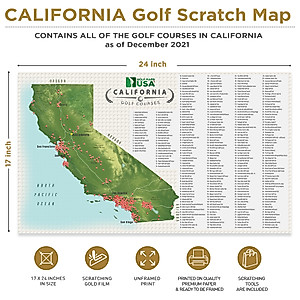 Golf Maps USA California State Golf Scratch Map with 278 Courses - Scratch-Off Golf Print with Eye-Catching Red Flags - Golfing Wall Decor - Unique Poster Gift for Golfers (Updated June 2023)