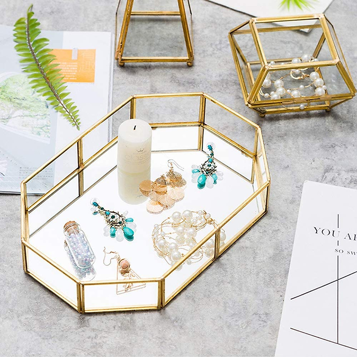 Decorative Metal Mirror Catchall Tray, Glass Vanity Tray, Dresser Tray, Jewelry Display Tray, Vanity Organizer for Accent Table, Gold Leaf Finish, 12.4x8.5x2 inches (Polygon)