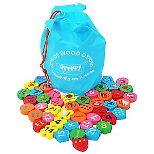 TOWO Wooden Alphabet Number Blocks – Letters ABC Threading Beads Sorting Toy 46 Pieces - Lacing Puzzle- Educational Color Matching Toys for 3 Years Old Fine Motor STEM Montessori Learning