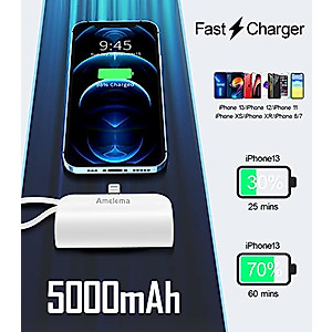 amelema Small Portable Charger for iPhone, 5000mAh Mini Power Bank with Built-in Cable/Metal Stand, Cute Battery Pack Compatible with iPhone 14/14 Plus/Pro Max/13/12/11/XS/XR/X/8/7/Airpods (White)