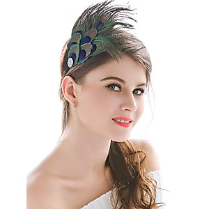Aukmla Peacock Feather Headband Green 1920s Flapper Headpiece Rhinestones Costume Headdress Hair Accessories for Women and Girls