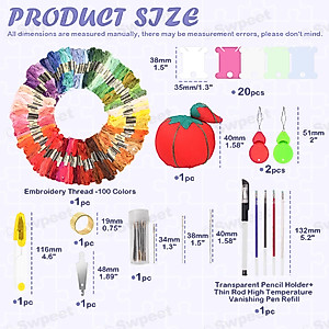Swpeet 212Pcs Embroidery Kit, Stitch Kits Include 100 Colors Threads, Aida Cloth, Sewing Pins, Floss Bobbins, Embroidery Needles, Bamboo Embroidery Hoops, The Shell of a Pen with Erasable Refill