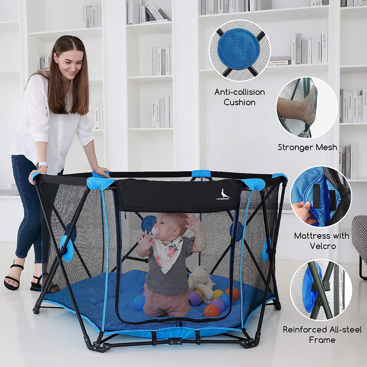 LuckyDove Portable Playpen for Innfants and Toddlers,Portable Play Yard for Baby with Padded Floor,Kids Activity Centre,Baby PlayPen with Carrying Bag,Washable,Foldable.Size:53"Wx 30"H(Blue)