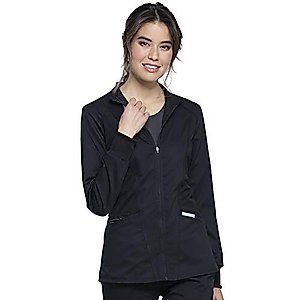 Cherokee Women Scrubs Jacket Workwear Revolution Zip Front High-Low WW301, M, Black