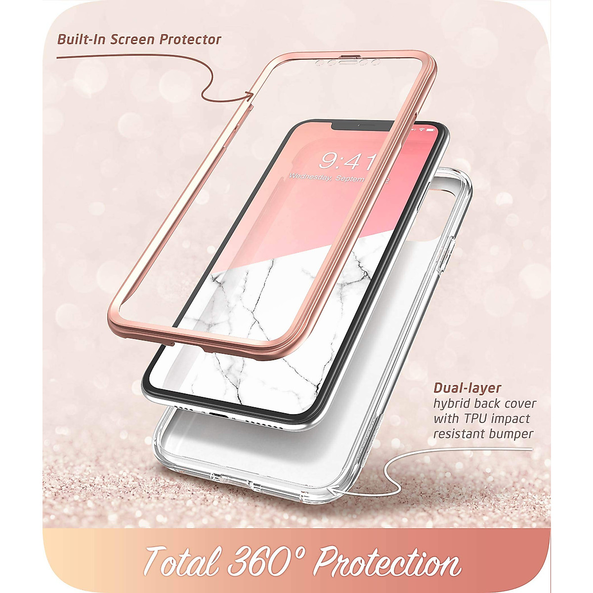 i-Blason Cosmo Series Case for iPhone 11 (2019 Release), Slim Full-Body Stylish Protective Case with Built-in Screen Protector, Marble, 6.1''