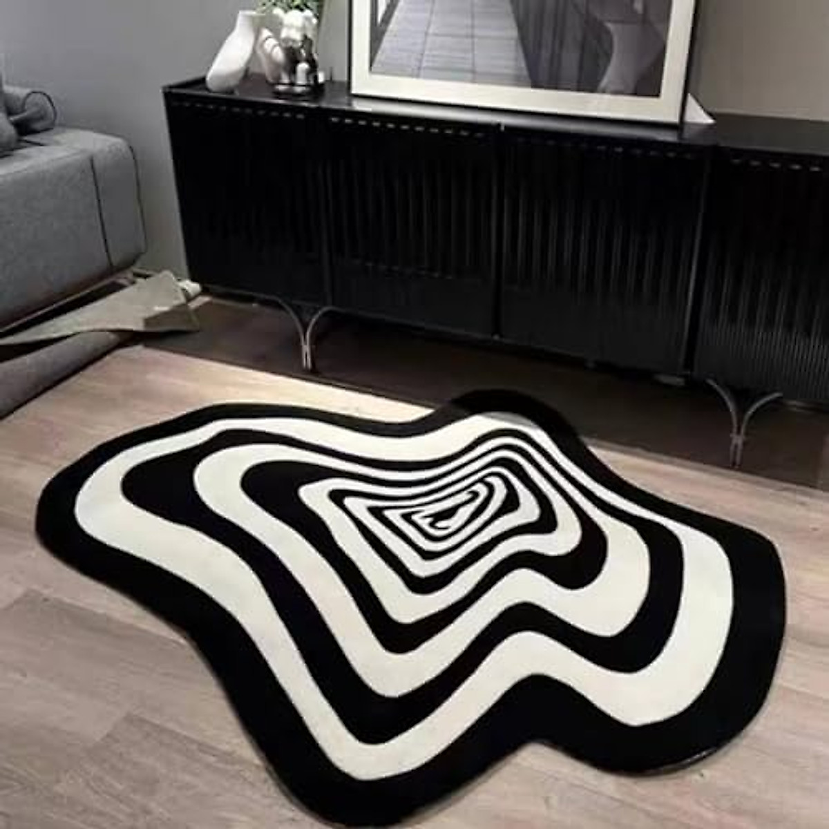 Black and White Abstract Striped Irregular Shape Area Rug 3ft Faux Wool Ultra Soft Rug for Livingroom Bedroom Diningroom Aesthetic Home Office Decor Playroom Carpet