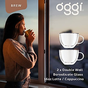 Oggi Set of 2 Double Wall Glass Coffee Cups - 16oz, Ultra Clear Borosilicate Glass Insulated Coffee Cup Set, Tea Cup Set, Cappuccino Cup Set, Latte Cup Set