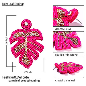 CXCraft Beaded Drop Earrings for Women Statement Rhinestone Palm Leaf Beaded Dangle Earrings Handmade Crystal Tropical Plant Monstera Earrings for Girls Sister Boho Holiday Jewelry, Rose Red