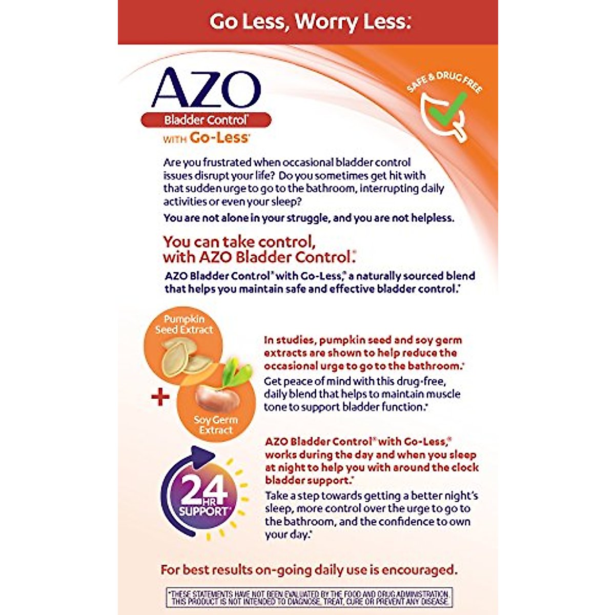 AZO Bladder Control with Go-Less Daily Supplement | Helps Reduce Occasional Urgency* | Helps Reduce Occasional Leakage Due to Laughing, Sneezing and Exercise††† | 54 Capsules