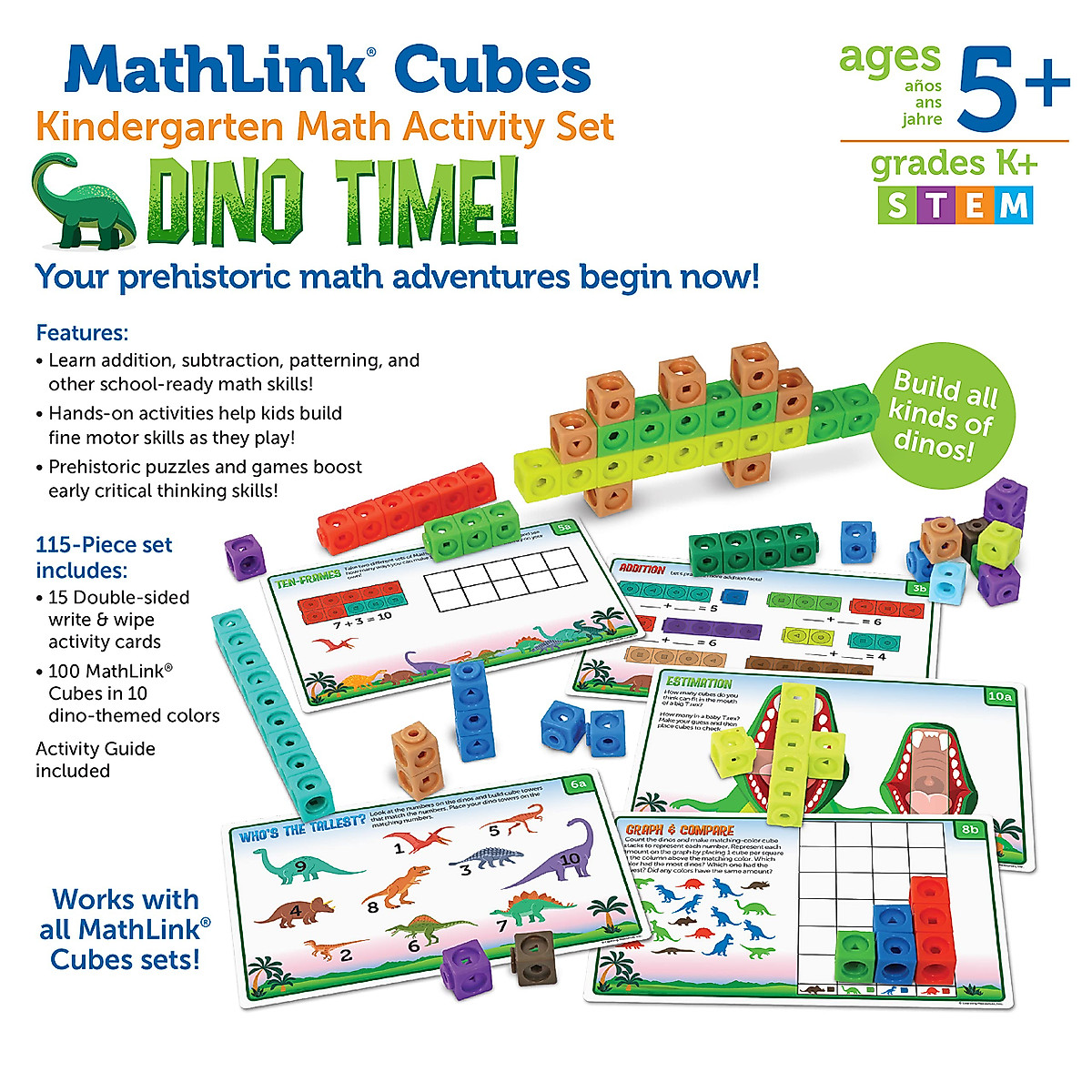 Learning Resources MathLink Cubes Kindergarten Math Activity Set: Dino Time! 115 Pieces, Ages 5+ Kindergarten STEM Activities, Math Games for Kids, Mathlink Cubes Activity Set, Ages 5+