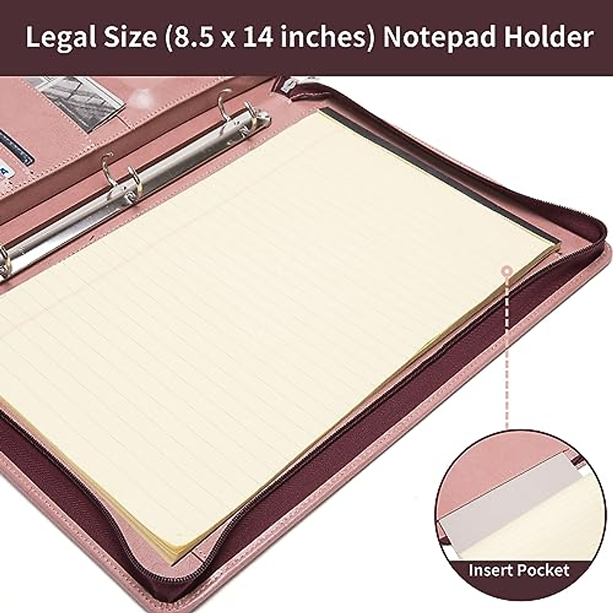 Geslun Vegan Leather 3 Ring Binder Portfolio, 8.5 x 14 Legal Size Pad Holder, Hidden Handle, Zippered Padfolio with 15” Laptop Organizer, Professional Business Folio for Women, Pink