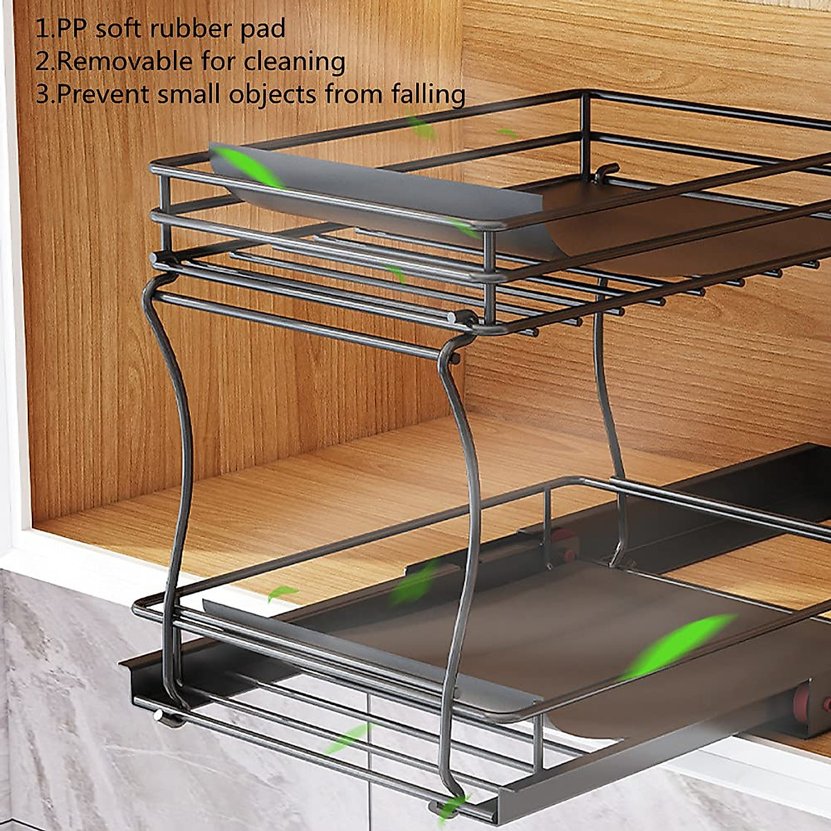 Pull Out Spice Rack Organizer for Cabinet,Under Sink Storage Organizer ,2 Tier Slide Out Storage Shelf for Kitchen Pantry Closet (L, Black)