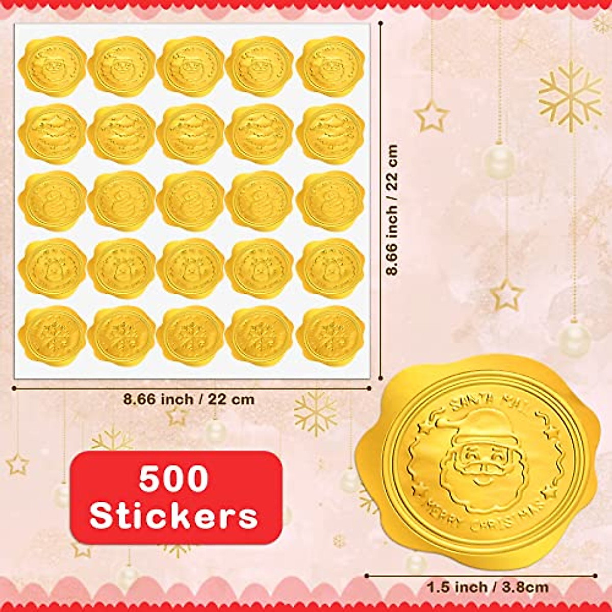 500 Pieces Christmas Envelope Seal Stickers Santa Embossed Wax Label Self Adhesive Seals Snowflake Santa Claus Stickers for Christmas Wedding Card Box Envelope(Gold)