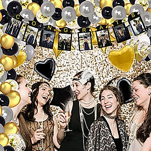 2022 Graduation Party Decorate Supplies, Black Gold Banner Balloon Tassels for Adults Kids High School College Senior Congrats Photo Frame Yard Sign