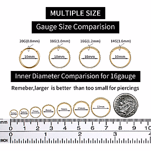 FUNLMO 18G Cartilage Earring Hoop Surgical Steel Gold Septum Ring Nose Ring Daith Earrings 6mm