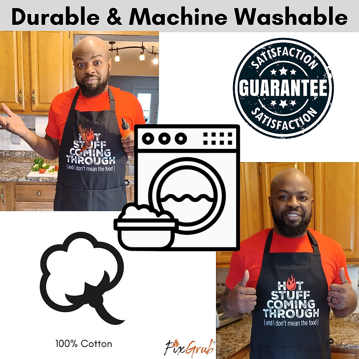 FixGrub Chefs Apron, Grill Apron, Funny Aprons for Men and Women, BBQ Apron, 3 Pockets, Bottle Opener, Towel and Gift Box Included