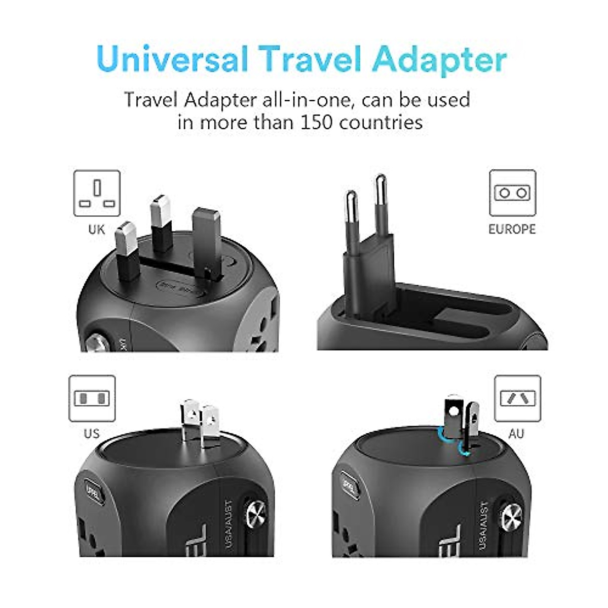 UPPEL Universal Travel Adapter Power Adapter All in One European Adapter Travel Converter with QC3.0&USB&Type-C Port Function Charger,Universal Plug Adapter Used in UK/US/EU AU/Asia(200 Countries)