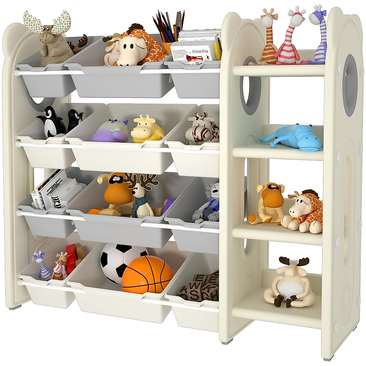 LulliSpace Kids Toy Storage Organizer with 12 Removable Plastic Bins, Modern Toy Organizer Kids Book Rack Storage Bookshelf,Kids and Toddler Toy Storage for Playroom,Daycare and Nursery,4 Tiers