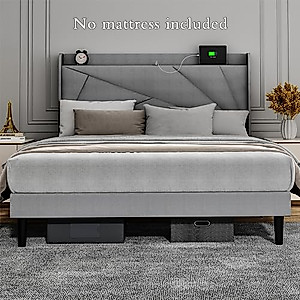 LEMBERI Queen Size Bed Frame with Storage Headboard,Upholstered Platform Bed Frame with Charging Station,Heavy Duty Mattress Foundation with Wooden Slats,No Box Spring Needed, Noise-Free