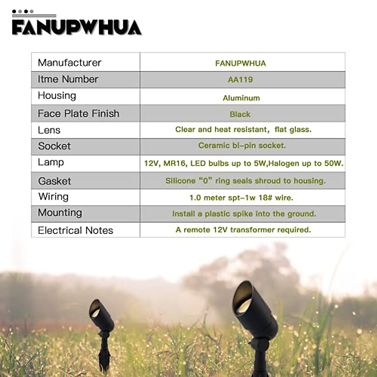 FANUPWHUA Low Voltage Landscape Lights -12V 5W LED Landscape Lighting Cast-Aluminum Waterproof Outdoor Lights for Yard Garden Spotlights with MR16 Warm White Bulbs&Spikes (2 Pack)