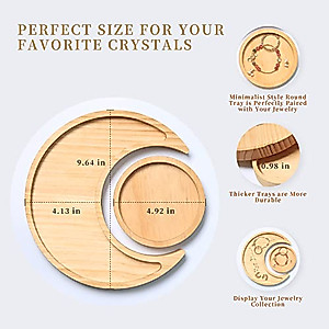 Spacmirrors Crystal Holder Moon Tray with Round Dish Display, Natural Pine Wooden Crystal Jewelry Essential Oil Tray Spiritual Boho Plate Wood Decor Tray for Stone, Nuts, Fruits