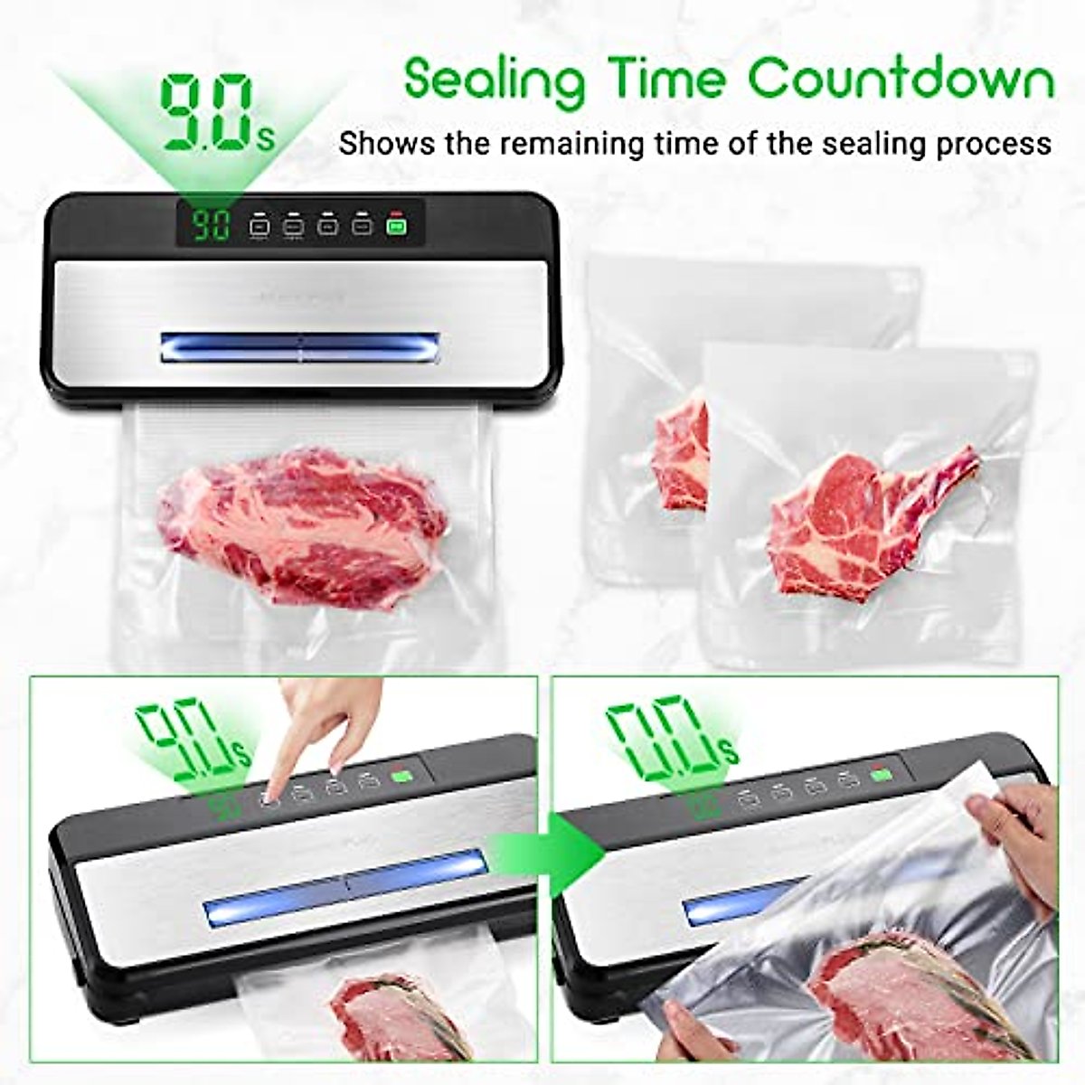 INKBIRD Food Vacuum Sealer Machine, Sealing-Time Countdown& Viewable Window, Automatic Food Sealer, Built-in Cutter and Roll Storage(Up to 20ft), One-Touch Moist Modes for Seasoned Meat, 5-Modes for Daily Need, LED Indicator, Starter Kit with Vacuum Seale