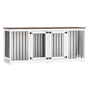 DAWNSPACES Double Dog Crates Furniture for Large Dogs, 71" Heavy Duty Wooden Large Dog Kennel with Removable Divider for 2 Dogs, Indoor Furniture Style Dog Crate House TV Stand, White