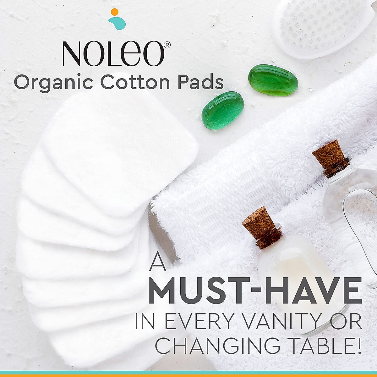 Noleo Organic Cotton Pads with 3-in-1 Diaper Care - 150ct Large & Pressed Cotton Squares 3.54x3.54in Pads - 8oz All in One Baby Cleanser, Baby Lotion & Diaper Rash Cream