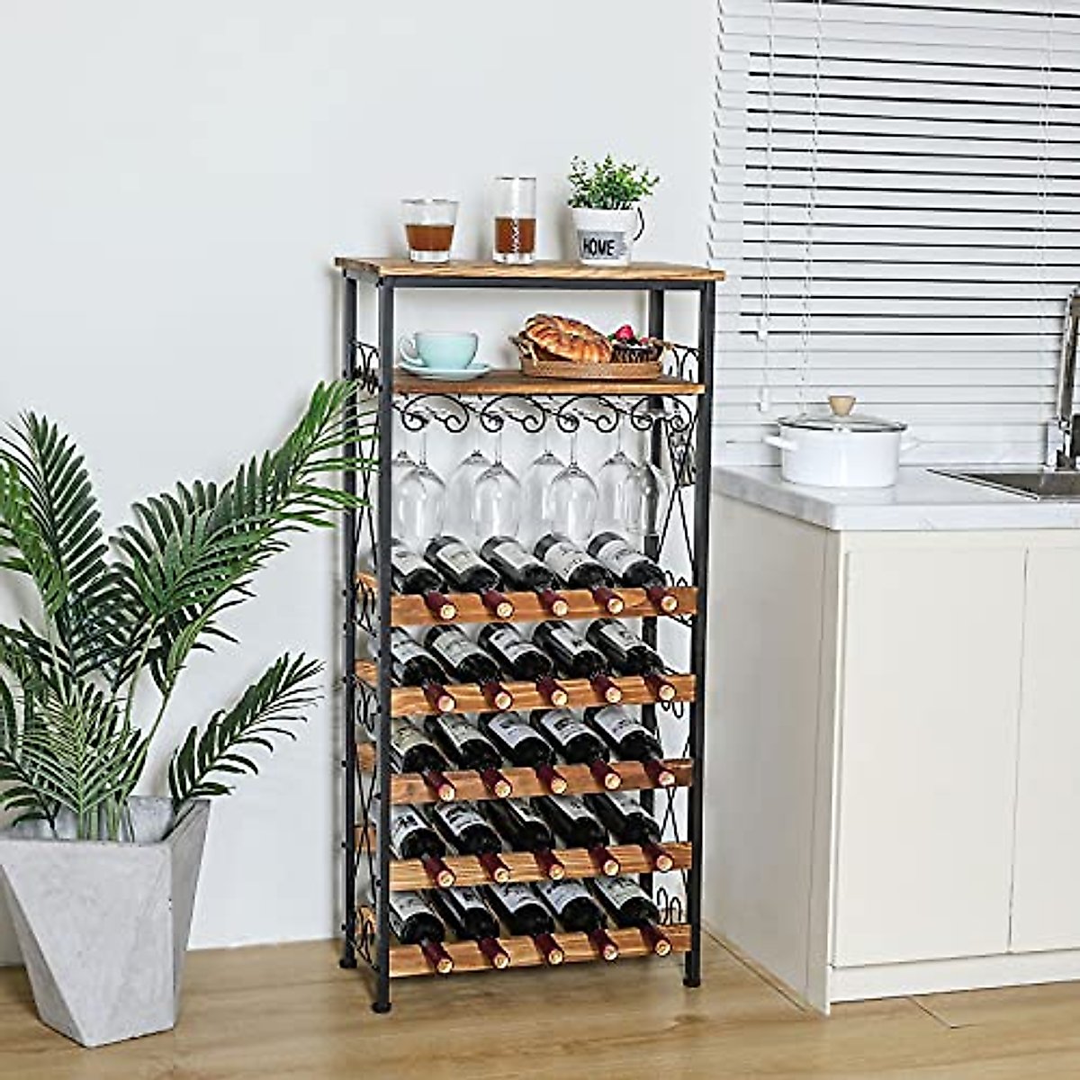 Floor Wine Rack 25 Bottles with Wine Glass Holder Rack, Freestanding Wine Rack with Table Top and Open Shelf, Wobble-Free Wine Bottle Organizer Shelf, Wine Display Storage Stand for Kitchen Pantry Bar
