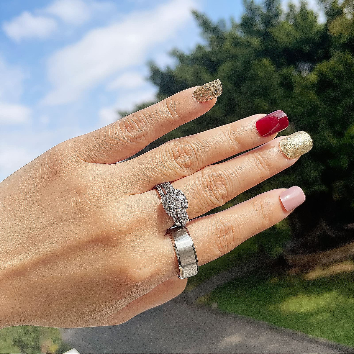 18k White Gold Plated Wedding Ring Sets for Him and Her Women Men Titanium Stainless Steel Bands 2Ct Cz Couple Rings Size 9&7