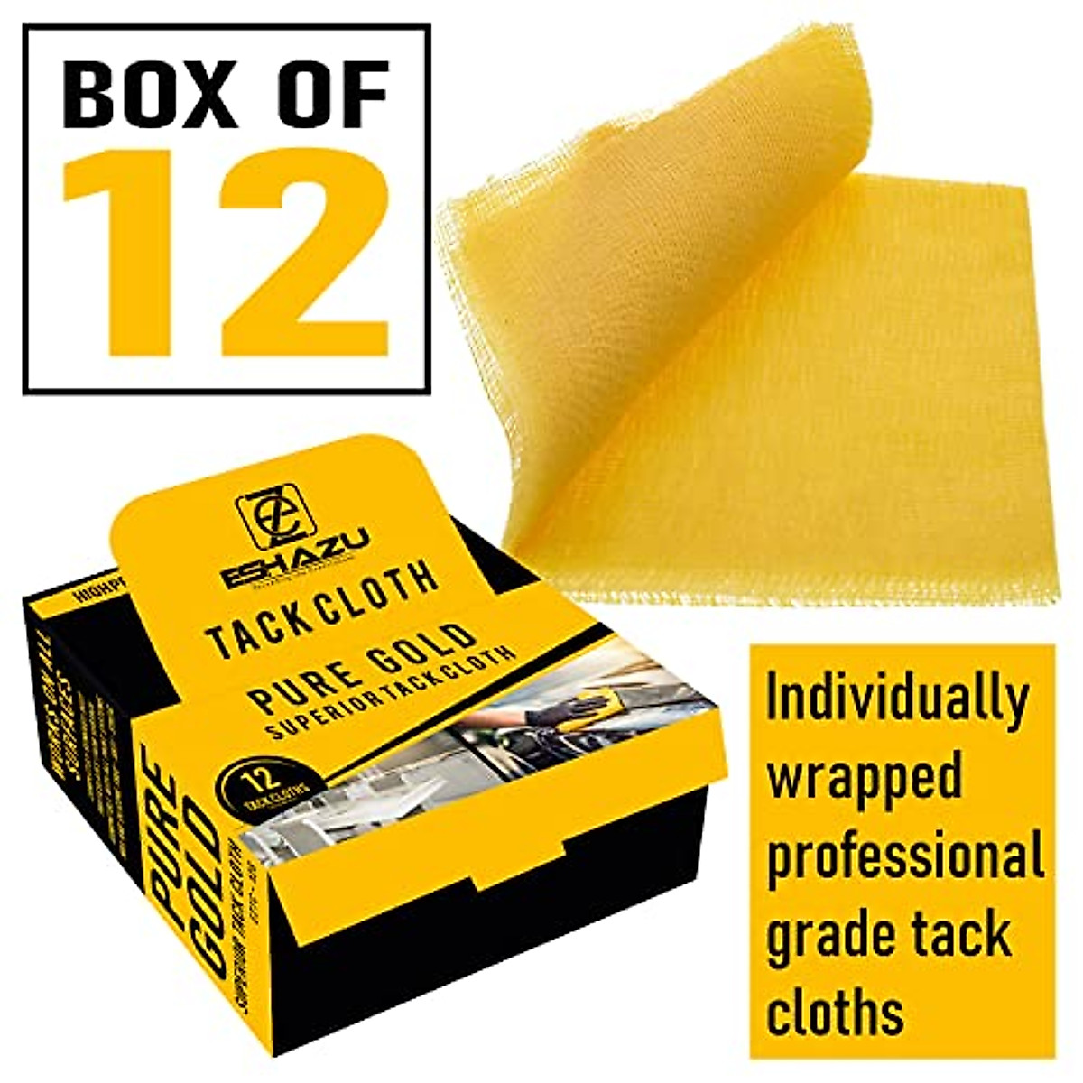 Eshazu Superior Tack Cloths (Box of 12) - Tack Rags for Woodworking and Painters Professional Grade - Removes Dust, Sanding Particles, Cleans Surfaces - Wax and Silicone Free, Anti-Static