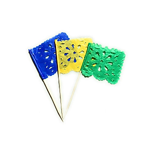 Set of 24 Pcs Multi-Colored Mini Mexican Paper Papel Picado Tissue Banner Flags Banderita s Fiesta Party Decorations Cupcake Topper Party Banderines Flower Design