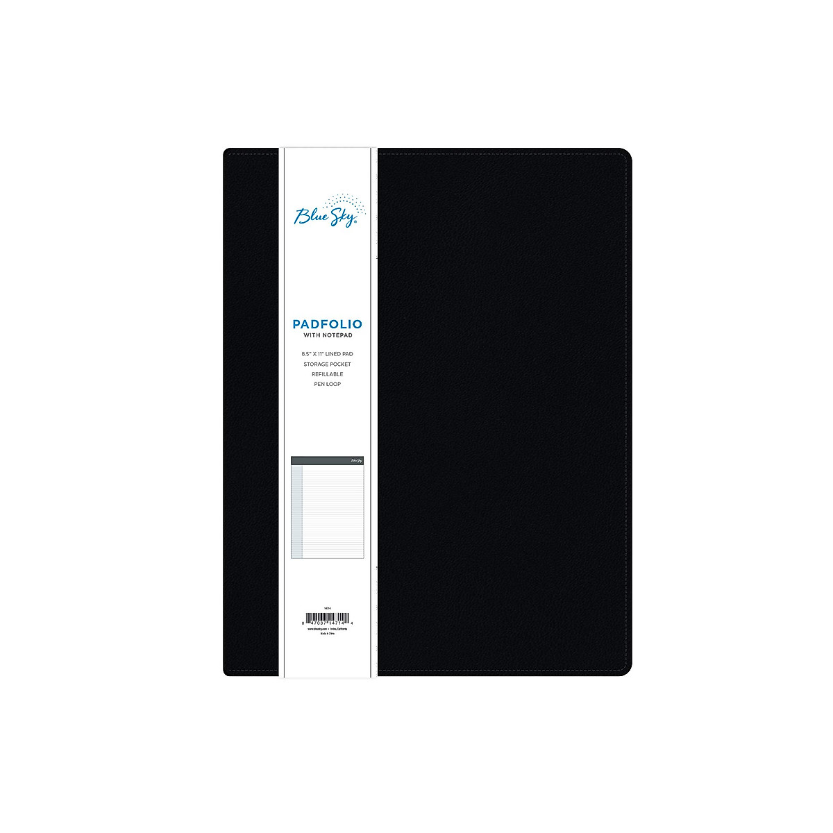 Blue Sky Professional Padfolio, 9.5" x 12", Textured Faux Leather Cover, Black, 8.5” x 11" Paper Notepad Included, 14714