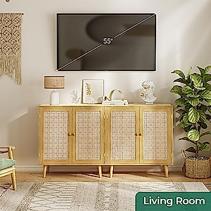 Huuger Buffet Cabinet with Storage, Storage Cabinet with PE Rattan Decor Doors, Accent Cabinet with Solid Wood Feet, Sideboard Cabinet for Hallway, Entry, Living Room, Natural