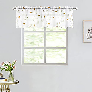 Fragrantex White Gold Leaf Embroidered Sheer Valance 15 Inches Floral Small Cafe Curtain for Kitchen Short Silver Curtain for Bay Window Bathroom and Living Room 56" Wx15 L Golden Yellow Rod Pocket