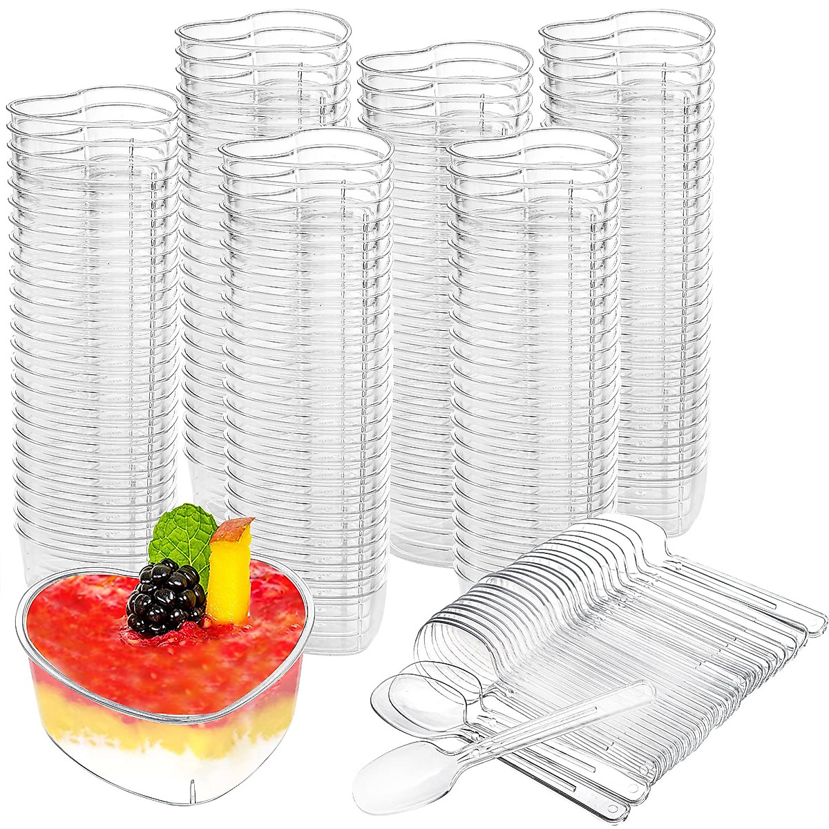 Foraineam 100 Pack 3.5 oz Clear Plastic Dessert Cups with Spoons, Valentine's Day Mini Appetizer Serving Plates Disposable Bowls for Desserts, Appetizers, Puddings, Mousse, Fruit Parfait and More