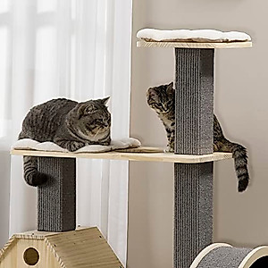 PawHut 53" Modern Cat Tree with Scratching Posts & Wheel, with Double-Layer Cushioned House, Small Cat Tower for Indoor Cat Furniture, Climbing Wooden Cat Tree