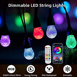 Gaoxun 49ft Outdoor String Lights, Smart RGBW Patio Lights with 15 Dimmable IP66 Waterproof Bulbs, APP and Remote Control, 8 Dynamic Modes, Color Changing LED Lights for Party Backyard Balcony Garden