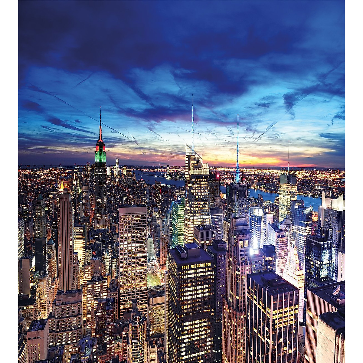 Ambesonne City Duvet Cover Set, Skyscrapers of Midtown Manhattan New York Aerial View at Night Time Scenario, Decorative 3 Piece Bedding Set with 2 Pillow Shams, Queen Size, Navy Blue Aqua Tan