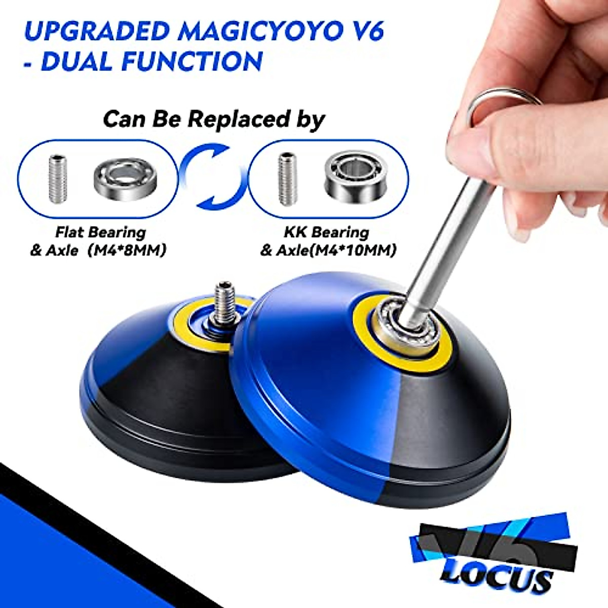 MAGICYOYO Responsive V6 Black Blue Aluminum YoYo for Kids Beginner Learner with 1 Yoyo Storage Bag, 1 Unresponsive Bearing Kit, 12 Yoyo Strings