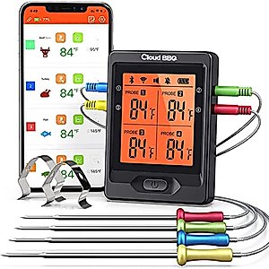 Cloud bbq Wireless Meat Thermometer of 500FT, Bluetooth Meat Thermometer for Smoker Oven, Grill Thermometer with Four Probes, Smart Rechargeable BBQ Thermometer for Cooking Turkey Fish Beef