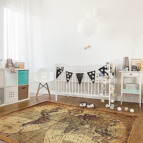 Large Modern Area Rug Contemporary Accent Throw Rug for Living Room, World Map Worldwide Oval Retro Nautical Kraft Background Anti Fatigue Non Slip Floor Carpet Comfort Standing Mat