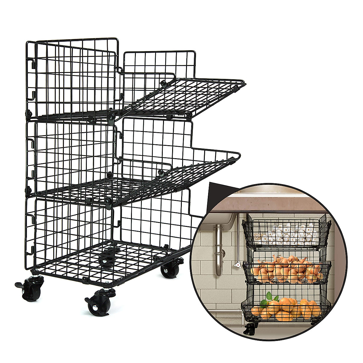 Kitchen Fruit Basket Stand 3 tier with wheels under sink organizers and storage for potatoes & onions produce holder storage bins vegetable holder for kitchen & house holder items