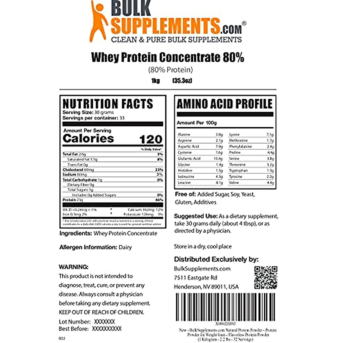 BULKSUPPLEMENTS.COM Whey Protein Concentrate Powder - Whey Protein Powder - Protein Powder Unflavored - Flavorless Protein Powder - 30g per Serving, 33 Servings (1 Kilogram - 2.2 lbs)