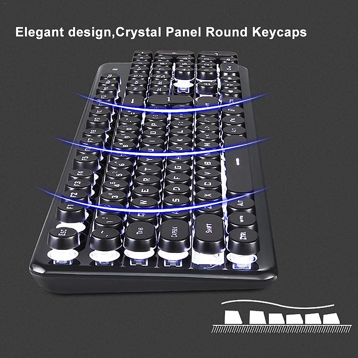 Gaming Keyboard and Mouse,Soke-Six 2.4G Wireless Retro Punk Typewriter-Style Backlit Keyboard Mice Combo,4800mAh Battery,Mechanical Feel,Anti-ghosting,Crystal Panel Round Keycaps (Black+White Light)