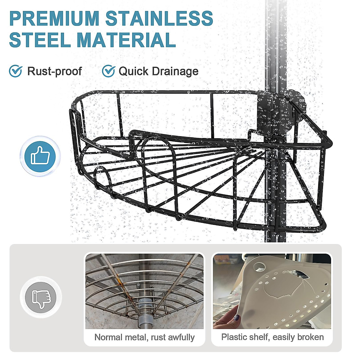 DIOVPLX Rustproof Shower Caddy Tension Pole, Stainless Steel Bathroom Bathtub Corner Shower Rack Shelves Storage Shampoo Holders for Inside Shower, 39"-125" Adjustable Shower Caddy Pole Black