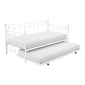 Homelegance Four Posts Elegant Metal Frame Daybed with Trundle Powder, Coated White Finish