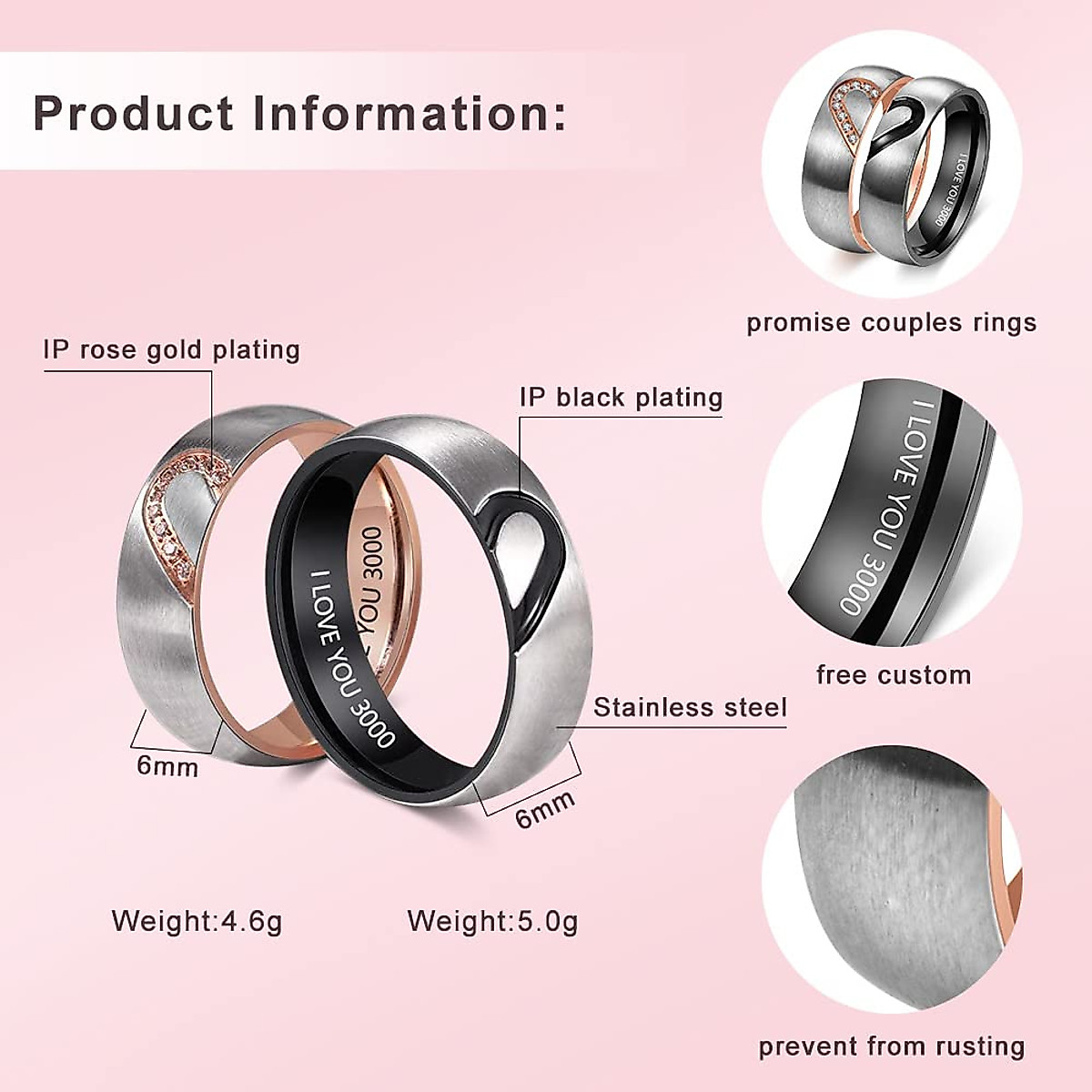 Nobelook Personalized Promise Rings Matching Rings, Custom Couples Rings Set Stainless Steel His & Hers Engagement Rings for Valentines Day Couples Jewelry Wedding Bands (Silver 1 - couple)