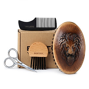 Beard Brush, BESTOOL Beard Brush Kit Boar Bristle Beard Brush for Men Wooden Mustache Brush for Daily Grooming Makes a Nice Gift for Men with Beard or Mustache